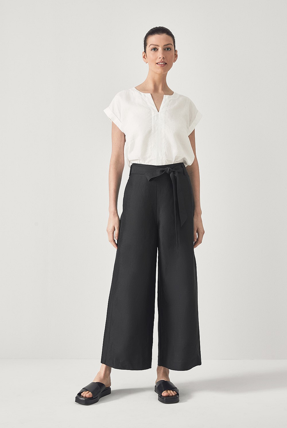White Linen Short Sleeve Vent Neck Top - WOMEN Shirts | Trenery