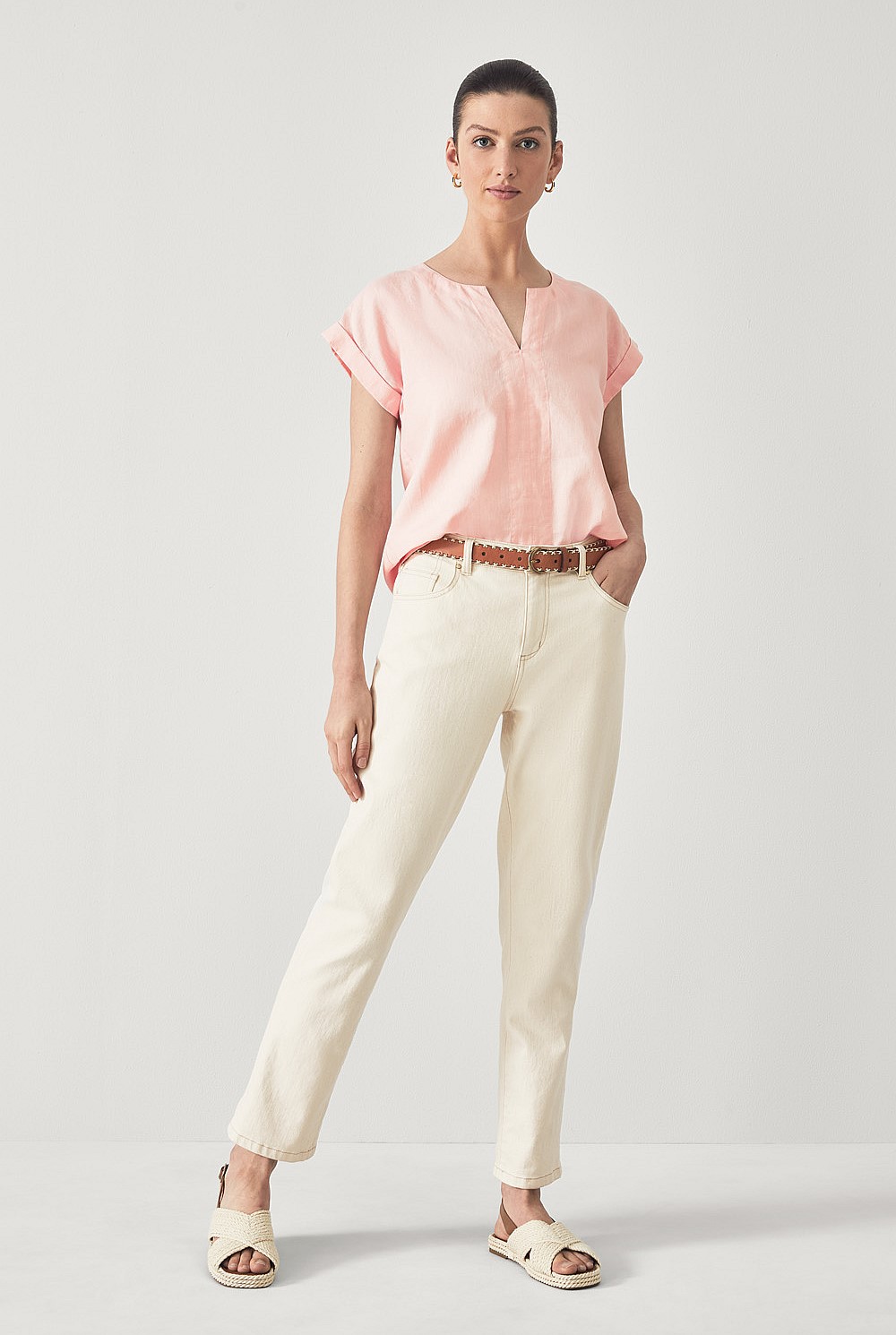 Pale Pink Linen Short Sleeve Vent Neck Top - WOMEN Shirts | Trenery