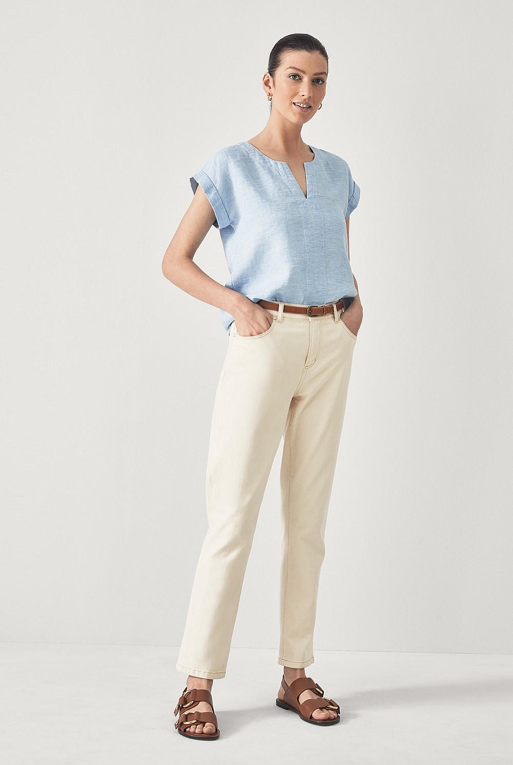 Chambray Blue Linen Yarn Dyed Vent Neck Top - WOMEN Shirts | Trenery