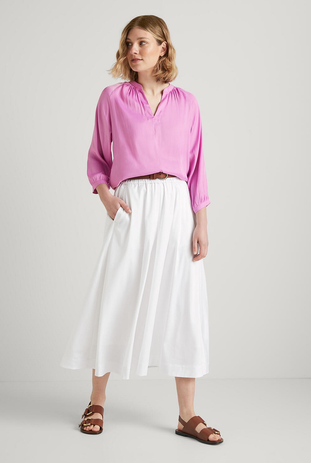 Aurora Pink Raglan Sleeve Vent Neck Blouse - WOMEN Shirts | Trenery