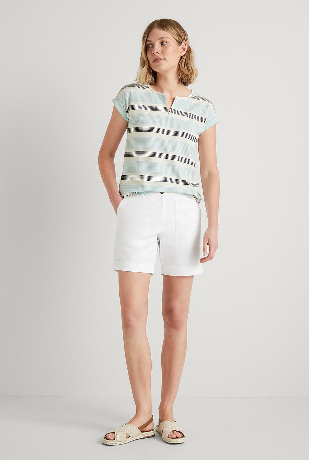 Night Sky Linen Cotton Stripe Vent Neck T-shirt - WOMEN T-Shirts & Tops ...