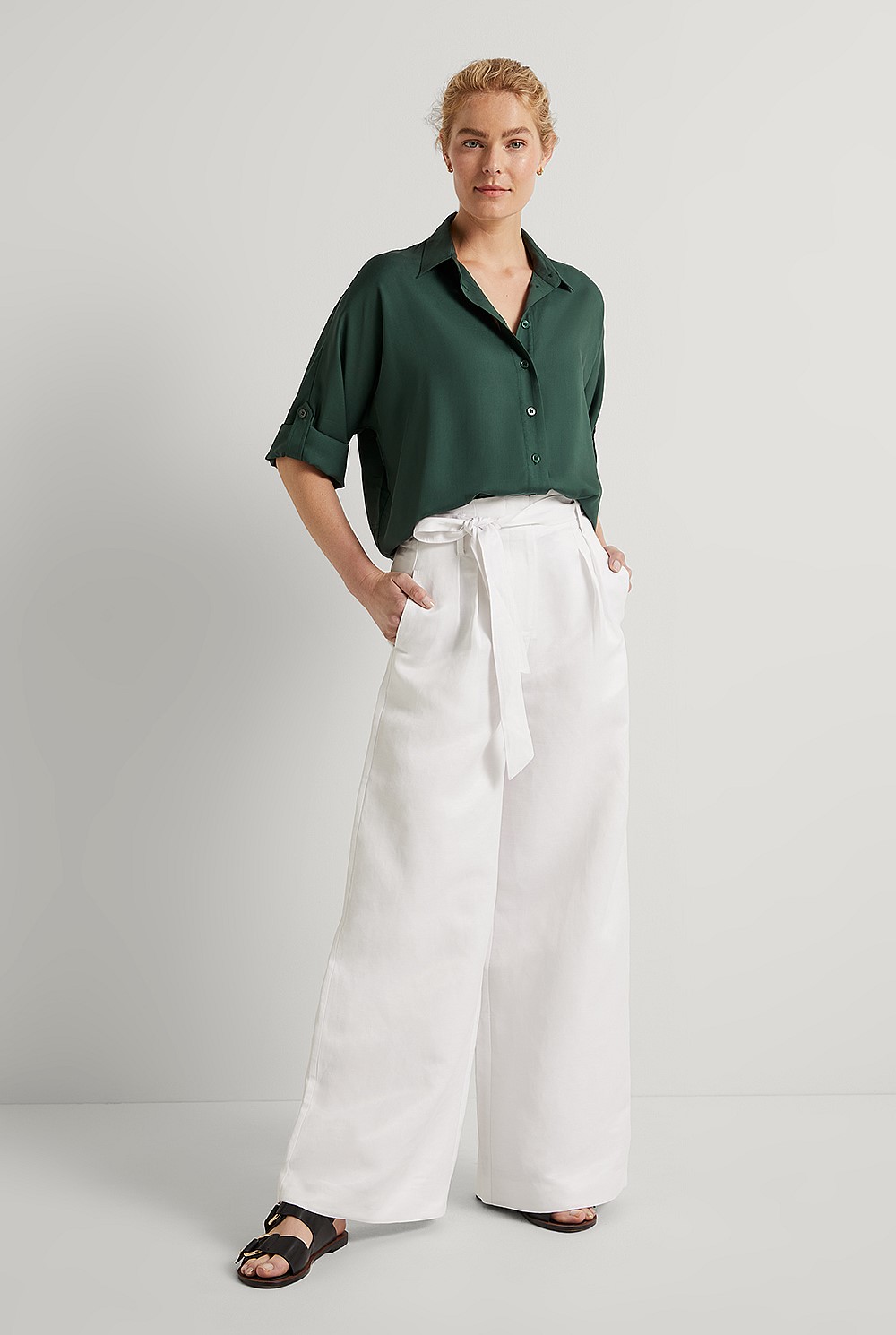 Vine Green Relaxed Tab Sleeve Shirt - WOMEN Shirts | Trenery