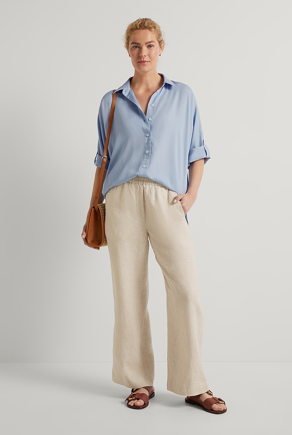 Sky Blue Relaxed Tab Sleeve Shirt - WOMEN Shirts | Trenery
