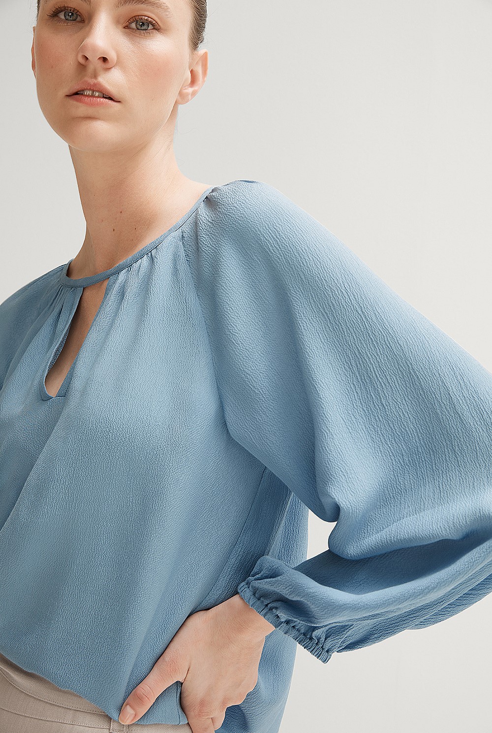 Chambray Blue Crinkle Vent Neck Blouse - WOMEN Shirts | Trenery