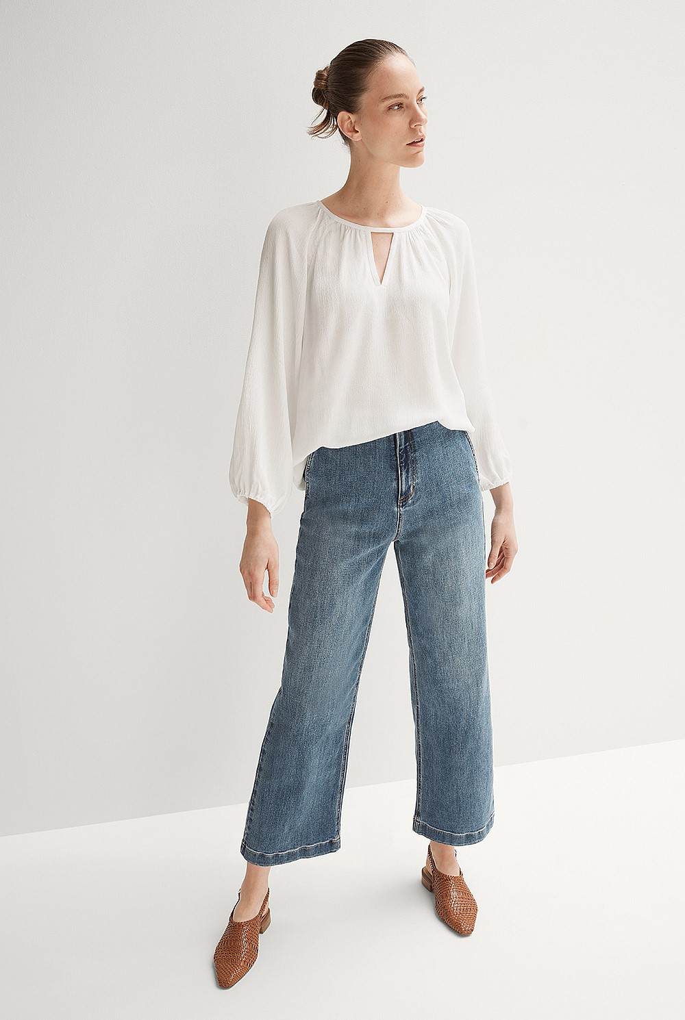 White Crinkle Vent Neck Blouse - WOMEN Shirts | Trenery