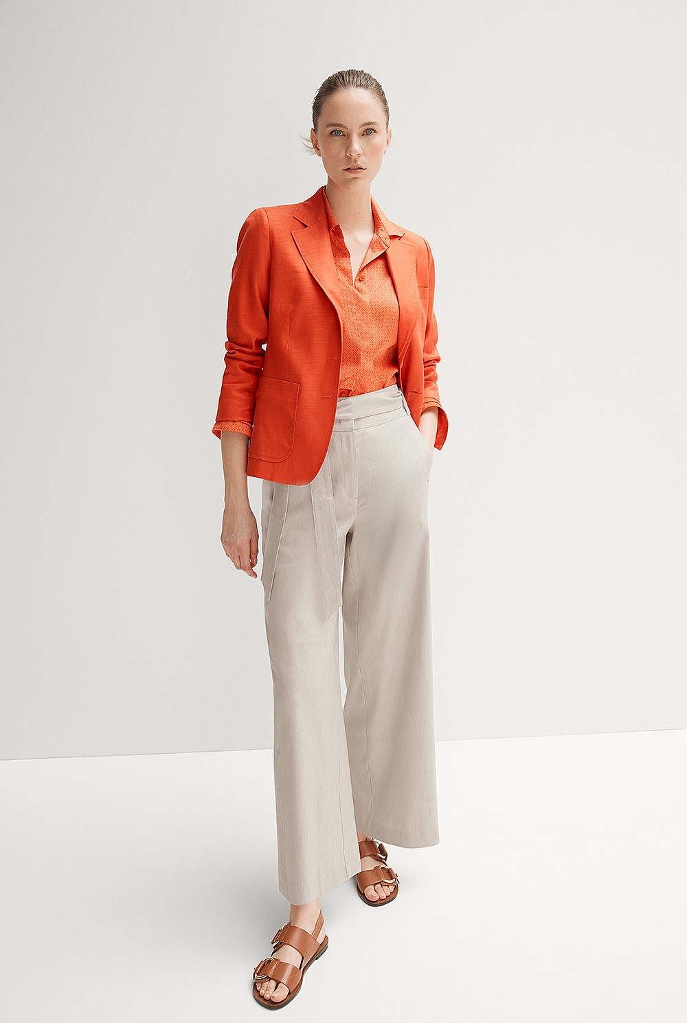 Orange Stretch Linen Patch Pocket Blazer - WOMEN Jackets & Coats | Trenery