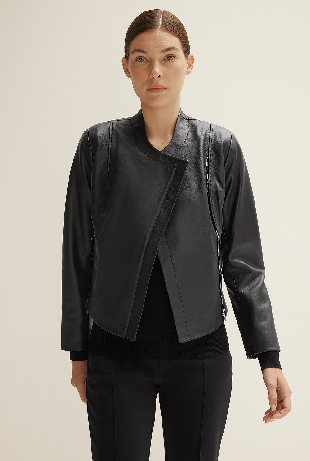 Black Leather Panel Detail Jacket - WOMEN Jackets & Coats | Trenery