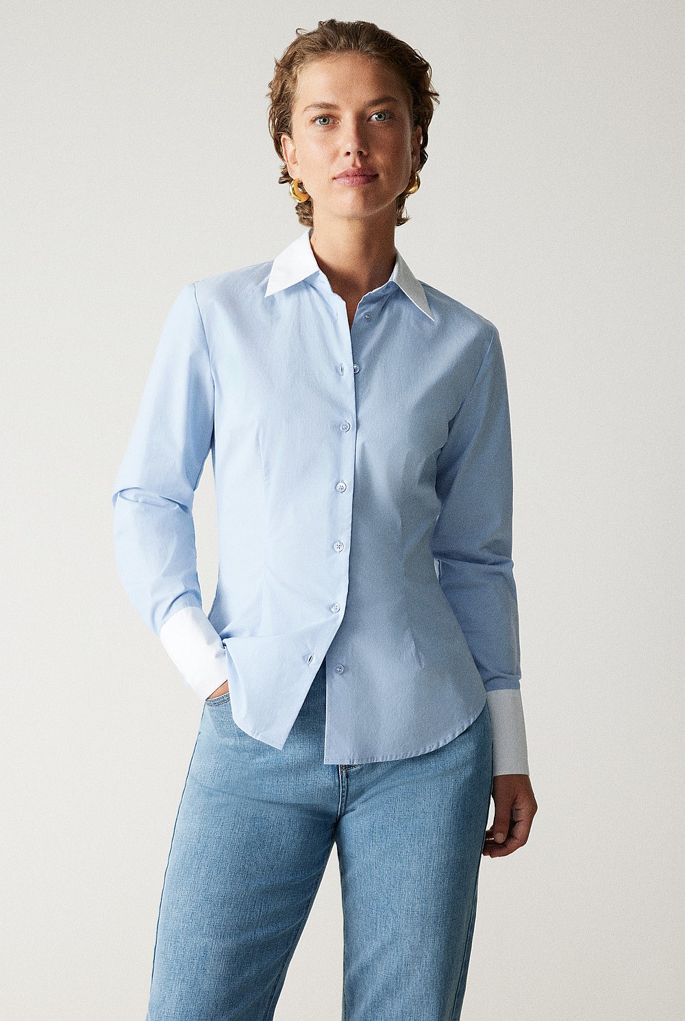 Periwinkle Blue Yarn Dyed Stretch Cotton Slim Line Shirt - WOMEN Shirts ...