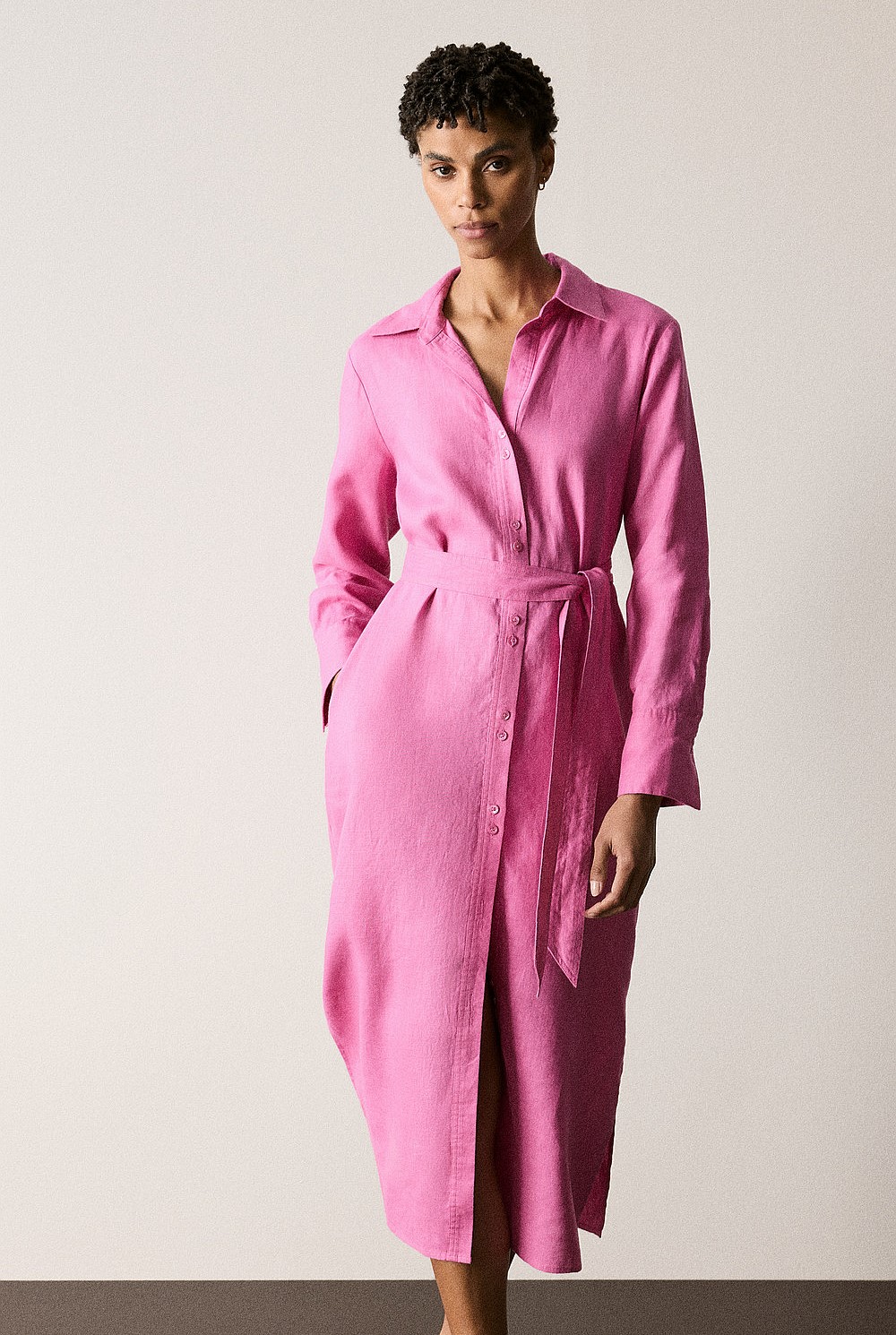 Brilliant Pink Linen Midi Shirt Dress - WOMEN Dresses | Trenery