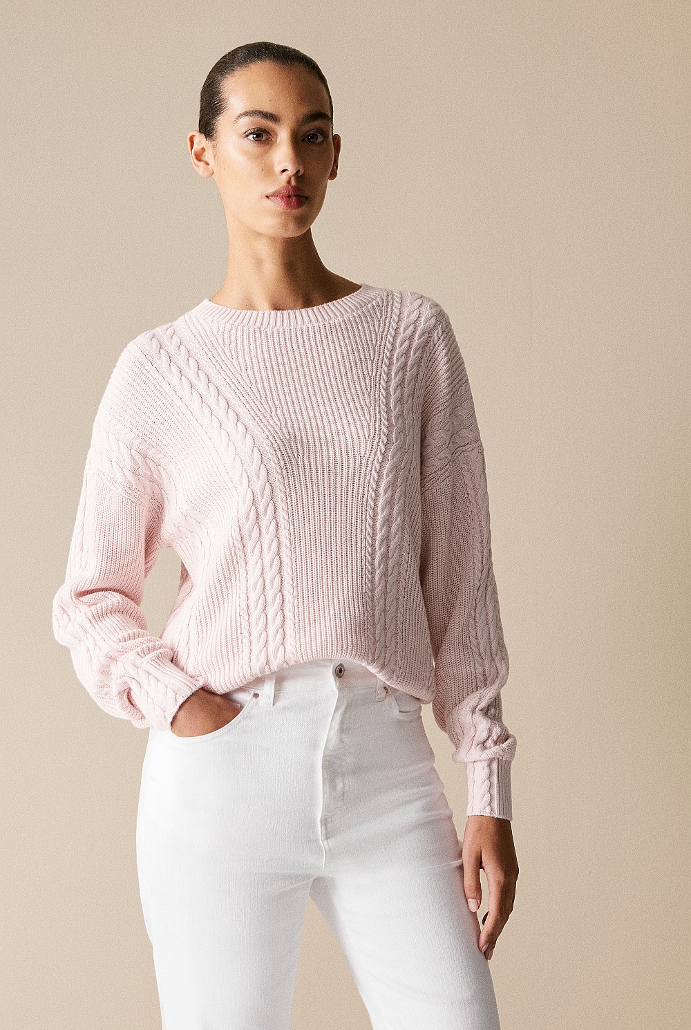 Pale Pink Cotton Cashmere Cable Pullover - WOMEN Knitwear | Trenery