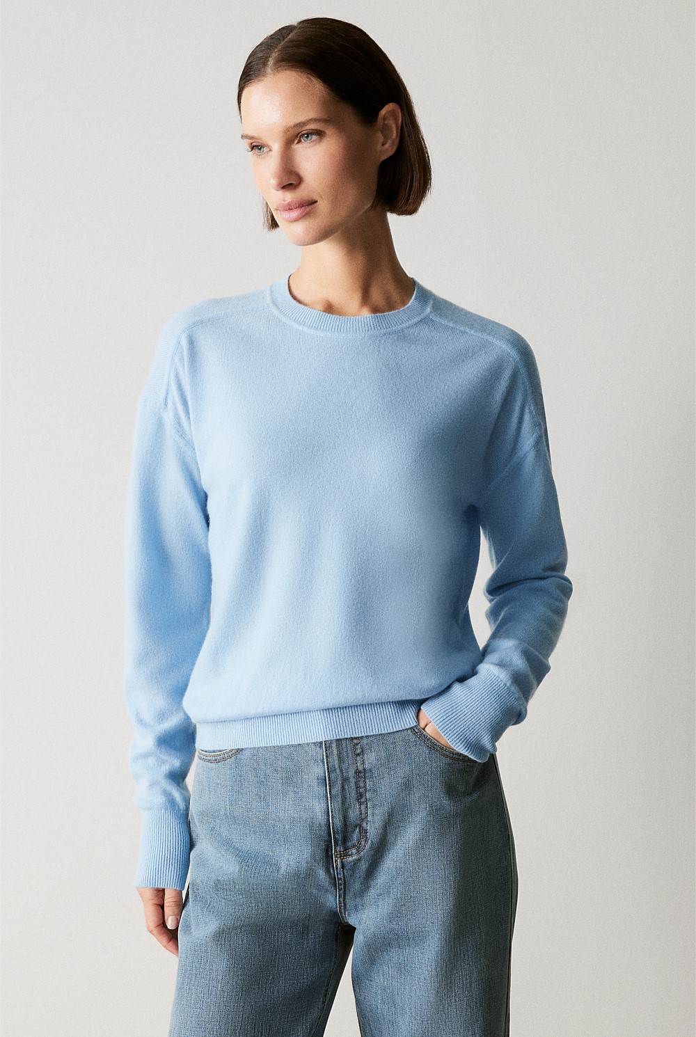 Sky Blue Merino Blend Forward Shoulder Seam Relaxed Crew - WOMEN ...