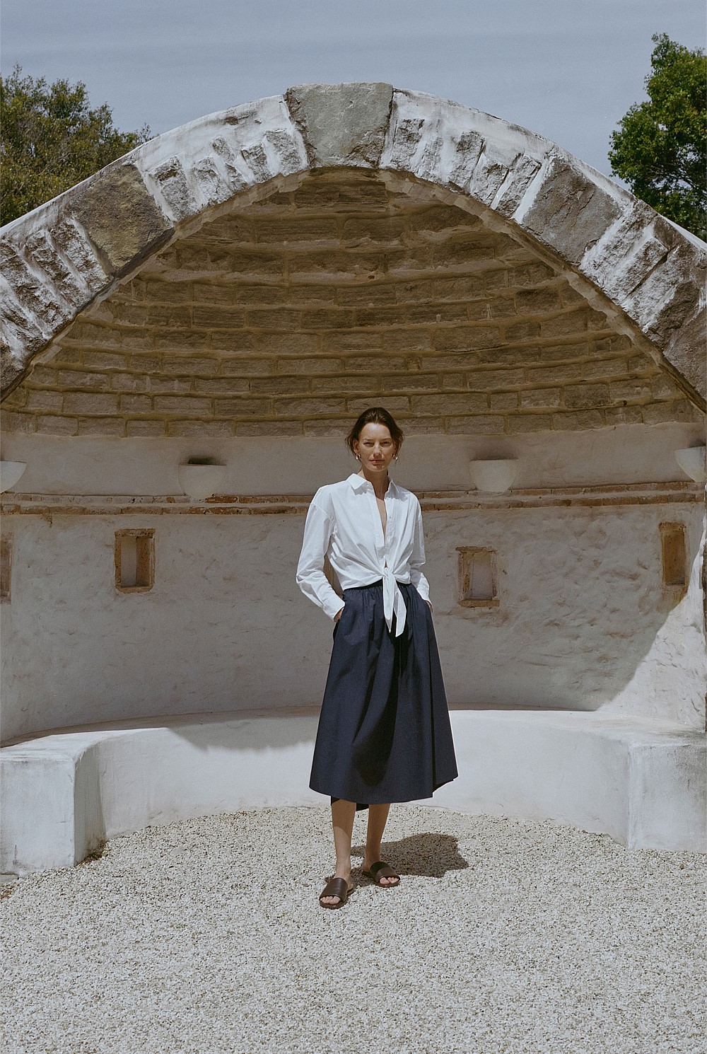 Navy Cotton Poplin Pull On Skirt - WOMEN Skirts | Trenery