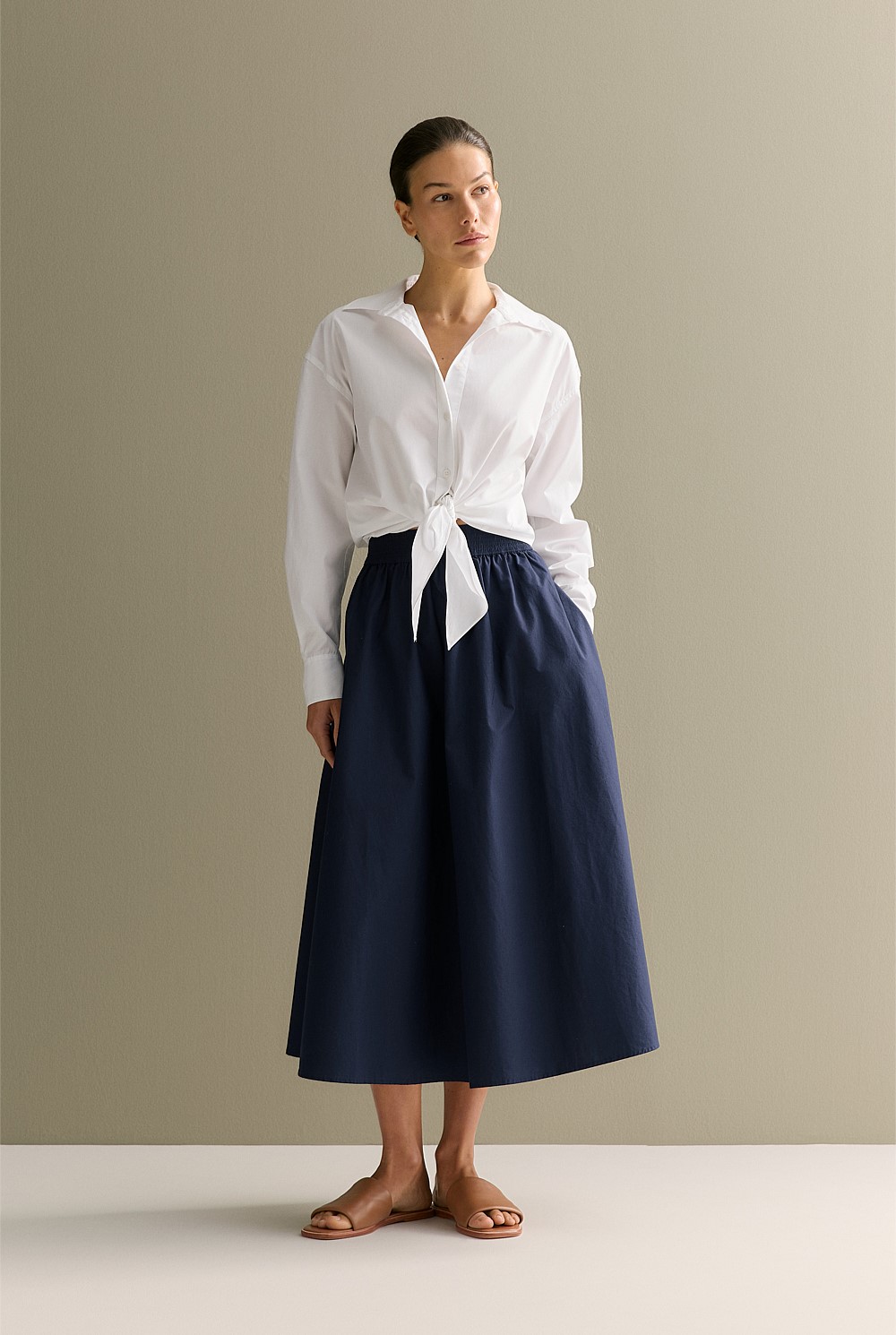 Navy Cotton Poplin Pull On Skirt - WOMEN Skirts | Trenery