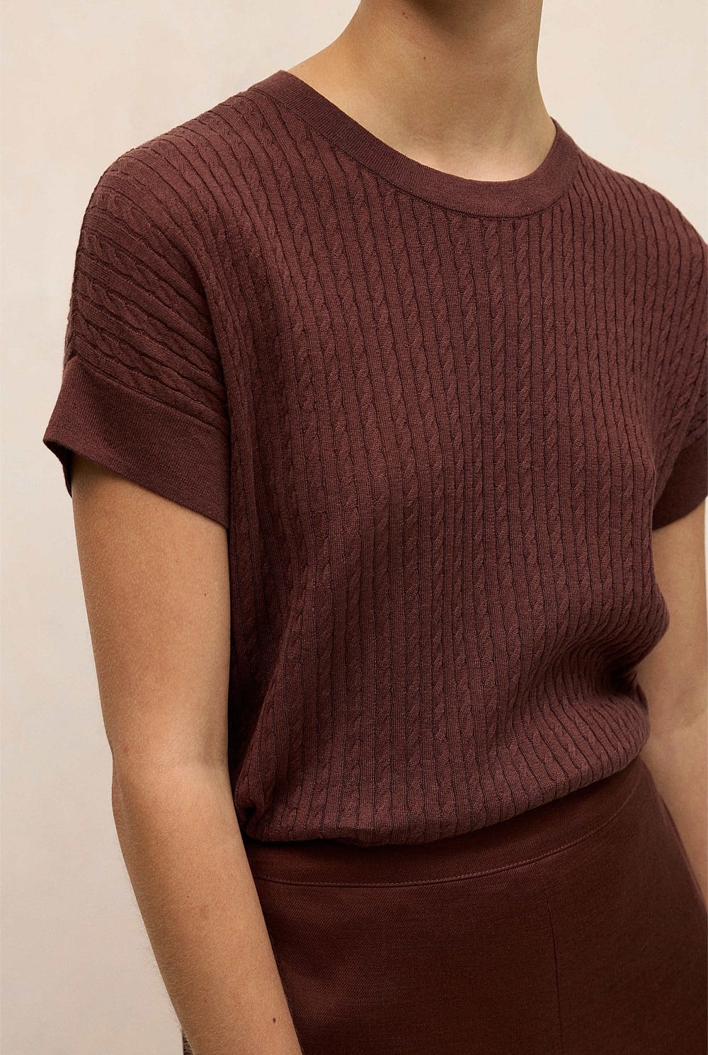 Espresso Linen Cotton Cable Knit T-shirt - WOMEN T-Shirts & Tops | Trenery