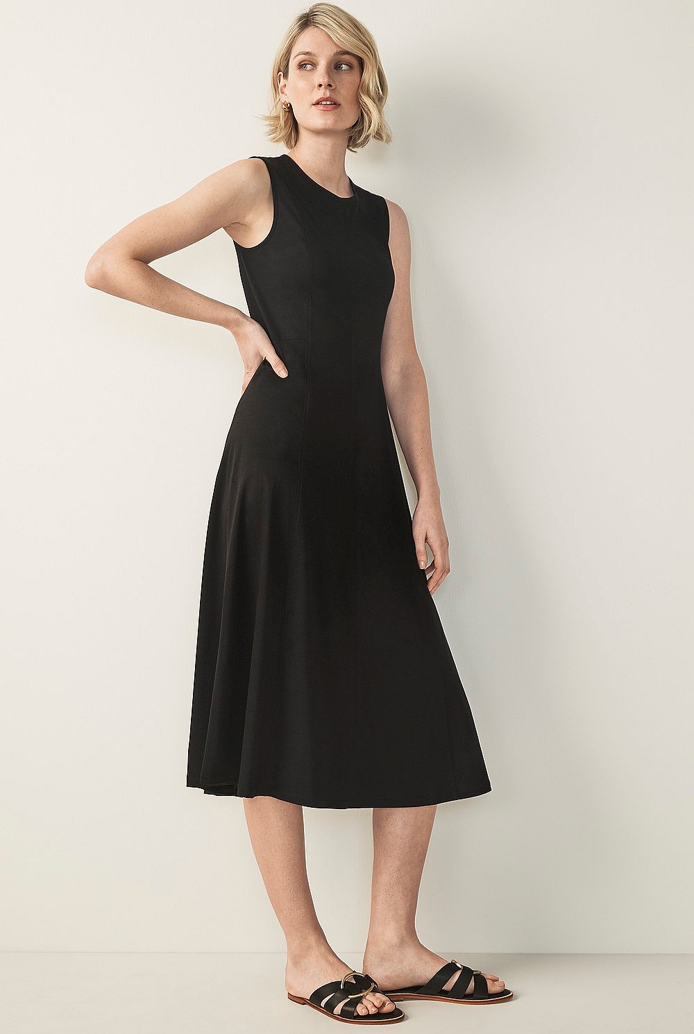 Black Cotton Interlock Dress - WOMEN Dresses | Trenery